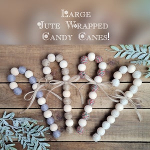 Farmhouse Candy Canes, Large Wood Bead Jute Candy Canes, Christmas ...