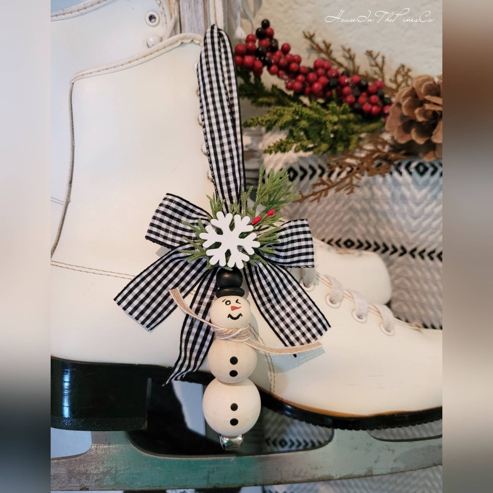 Farmhouse Snowman Ornaments, Wood Bead Snowman Ornaments, Buffalo Plaid ...