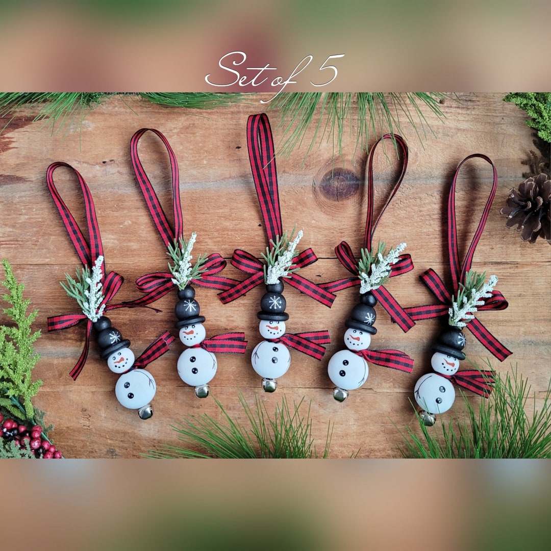 Farmhouse Snowman Ornaments, Wood Bead Snowman Ornaments, Buffalo Plaid ...