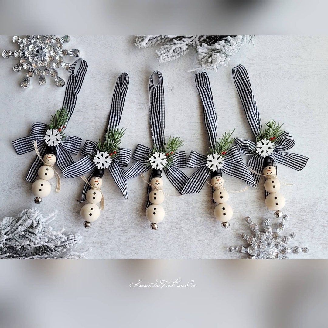 Farmhouse Snowman Ornaments, Wood Bead Snowman Ornaments, Buffalo Plaid ...