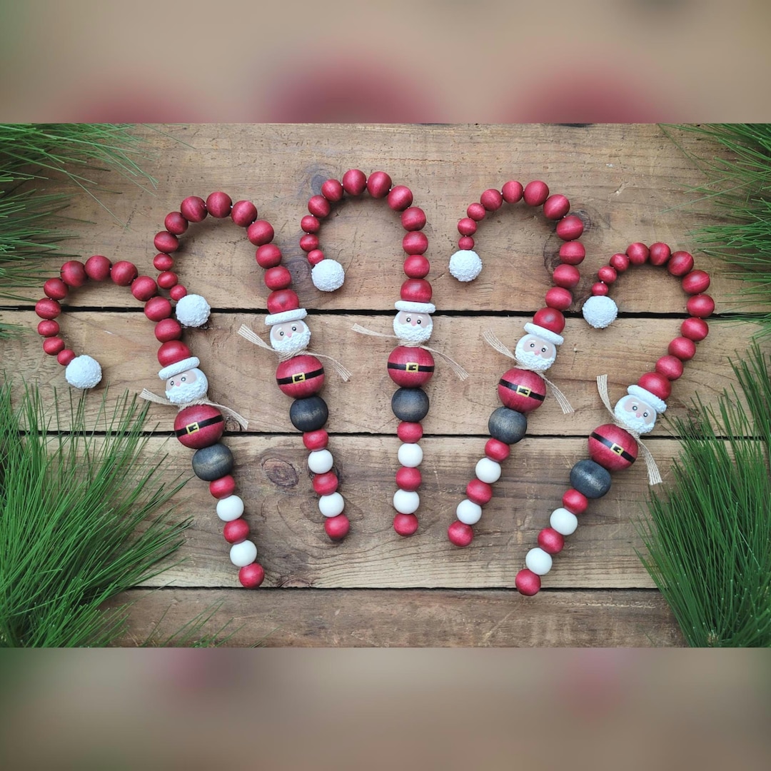 Farmhouse Wood Bead Candy Canes, Wood Bead Santa Candy Cane Ornaments ...