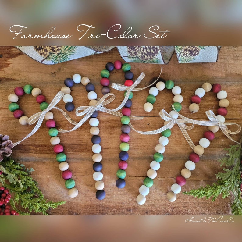 Farmhouse Candy Canes, Wood Bead Candy Canes, Christmas Home Decor ...
