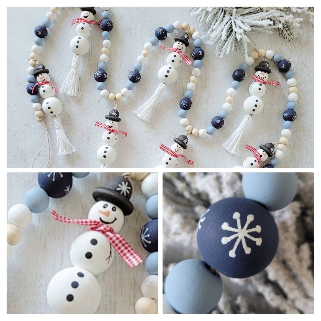 Wood Bead Snowman Garland, Christmas Snowman Garland, Snowman Mantel ...