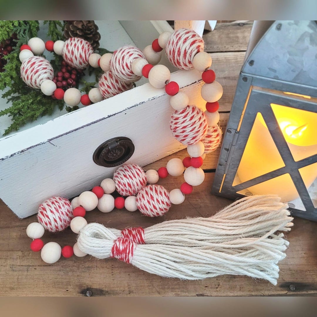 Candy Cane Stripe Beaded Garland, Red White Farmhouse Garland ...