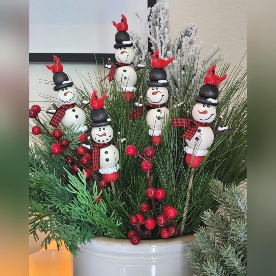 Snowman Floral Picks, Snowman With Cardinal Ornament, Farmhouse ...