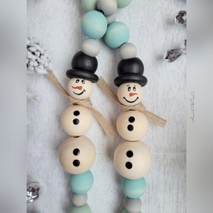 Snowman Wood Bead Garland, Farmhouse Snowman Garland, Aqua Winter ...