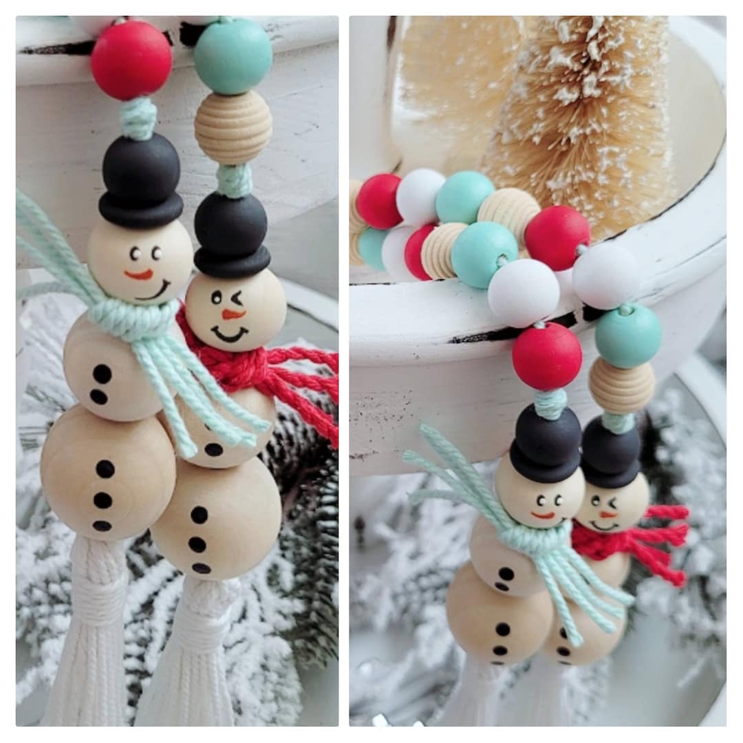 Snowman Wood Bead Garland, Farmhouse Snowman Garland, Beaded Snowman ...