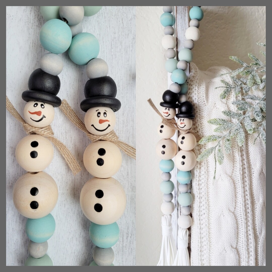 Snowman Wood Bead Garland, Farmhouse Snowman Garland, Aqua Winter ...