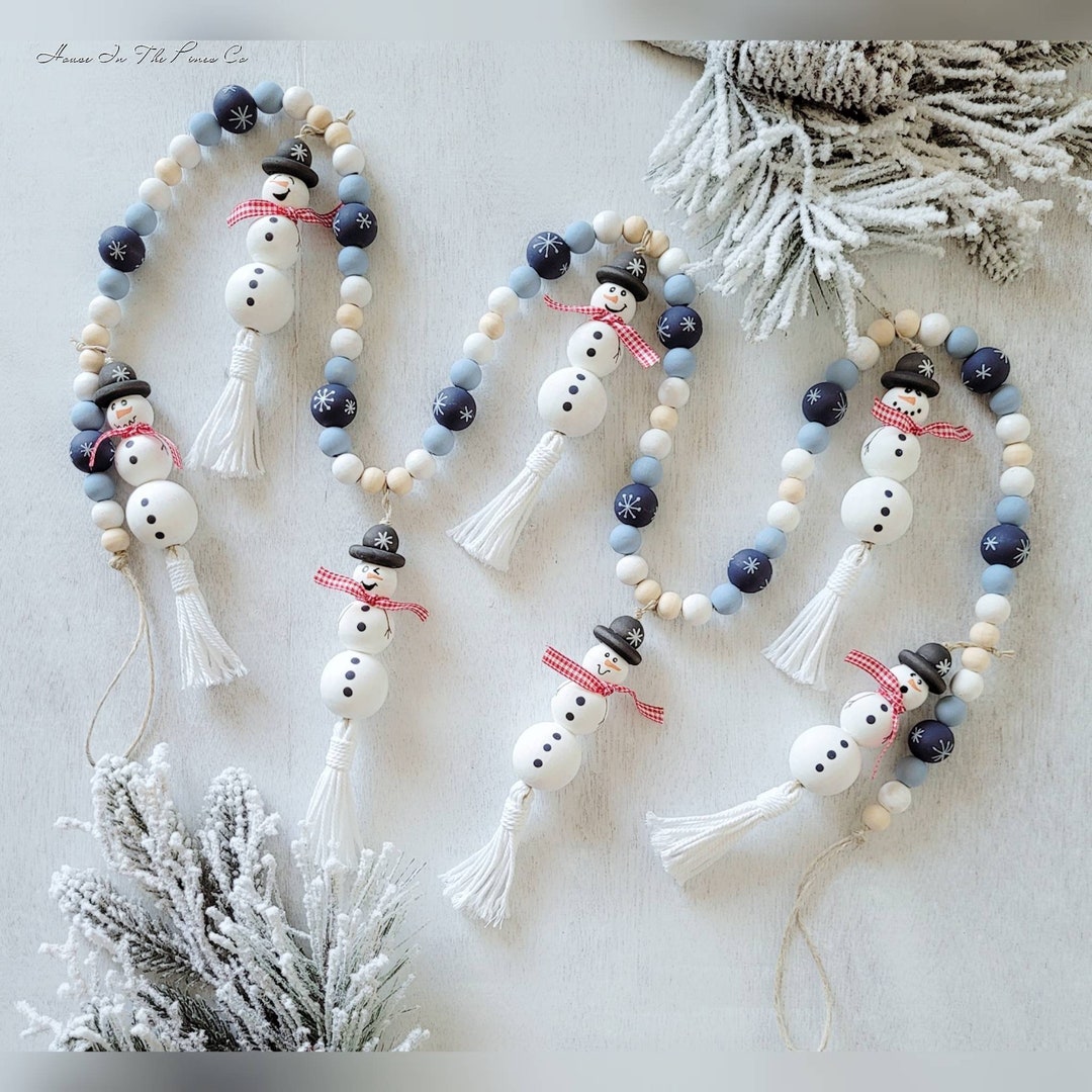 Wood Bead Snowman Garland, Christmas Snowman Garland, Snowman Mantel ...