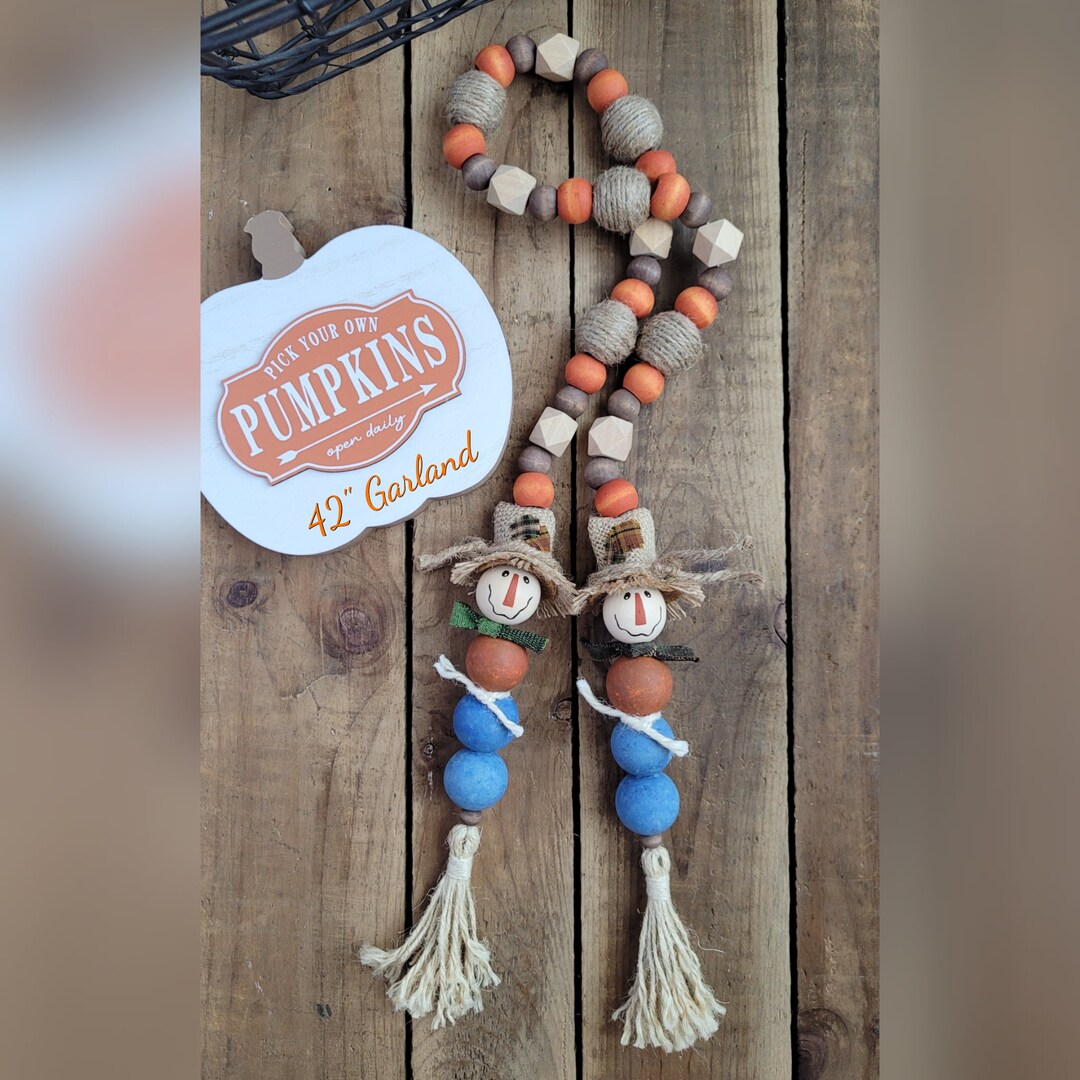 Scarecrow Wood Bead Garland, Fall Bead Garland, Farmhouse Wood Bead ...