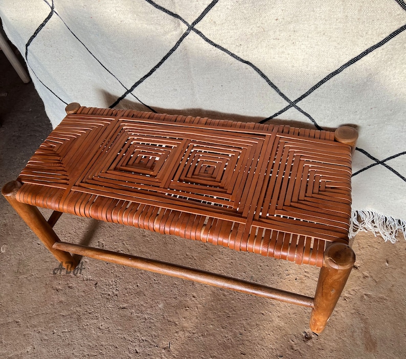 Moroccan Wooden Bench, Handmade Leather Bench, Wooden Bench, Entryway ...