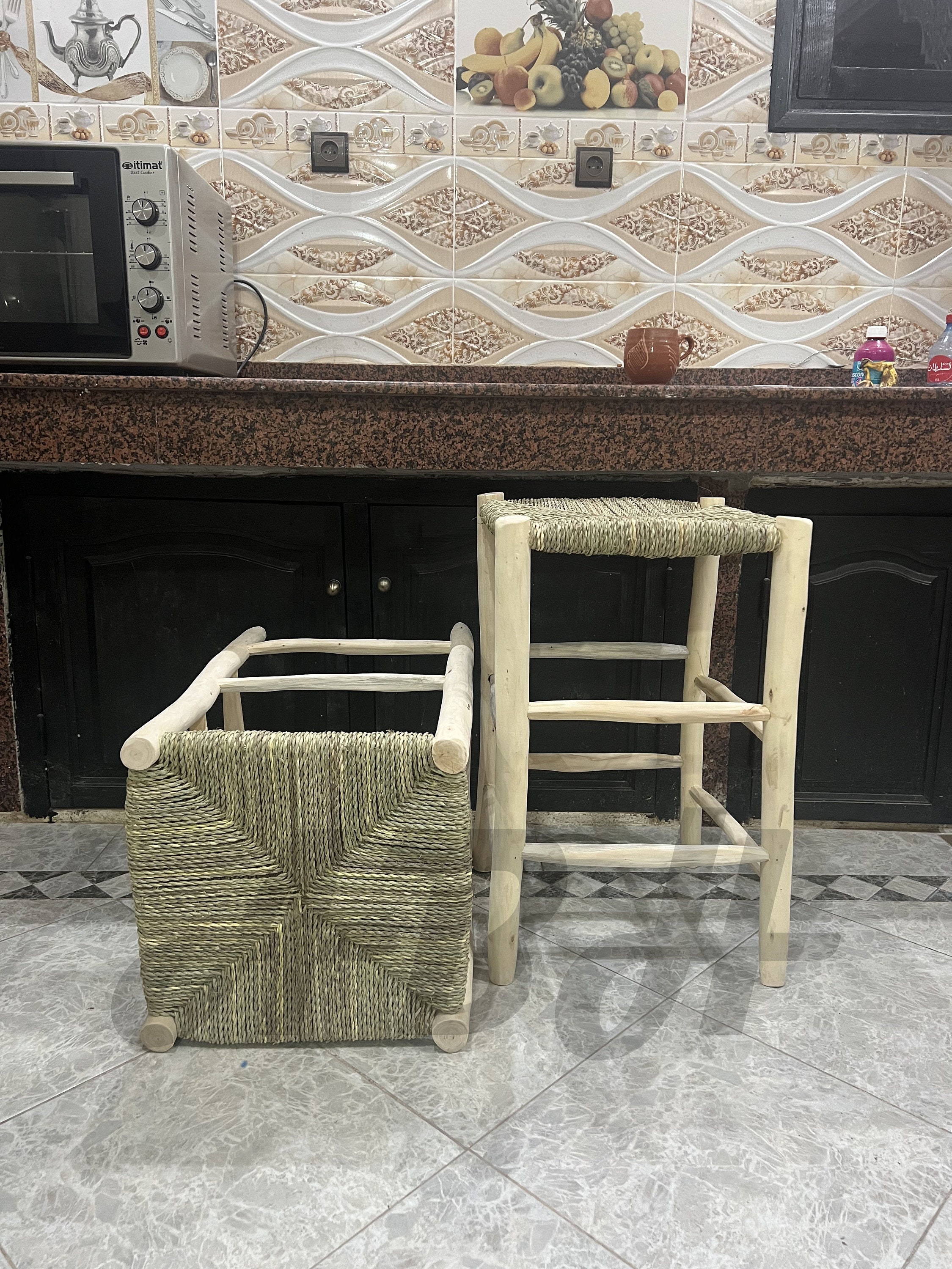 Moroccan Wooden Rattan Bar Stool - Etsy