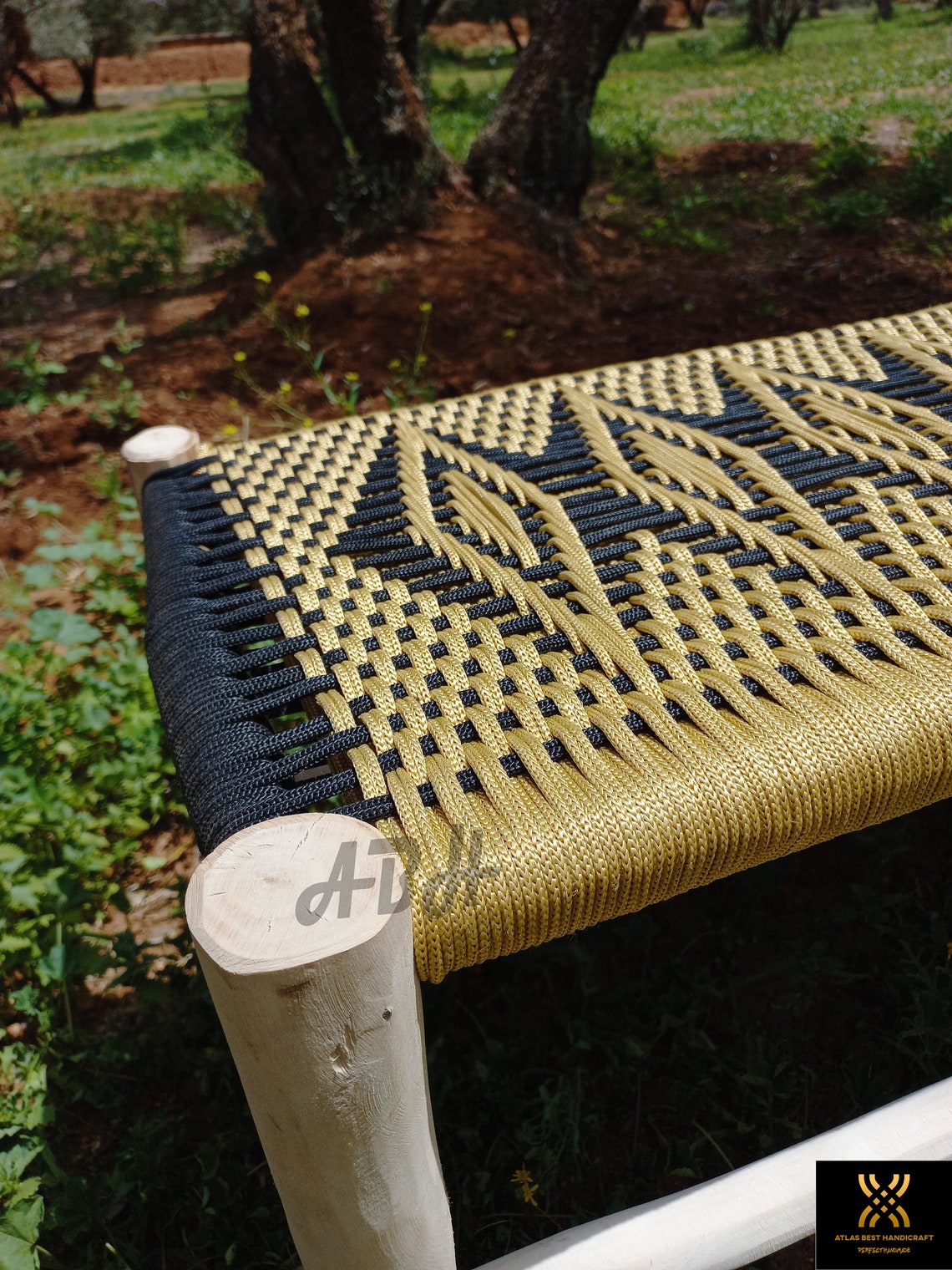 Moroccan Wooden Bench, Handmade Bench, Woven Bench Made of Macrame ...