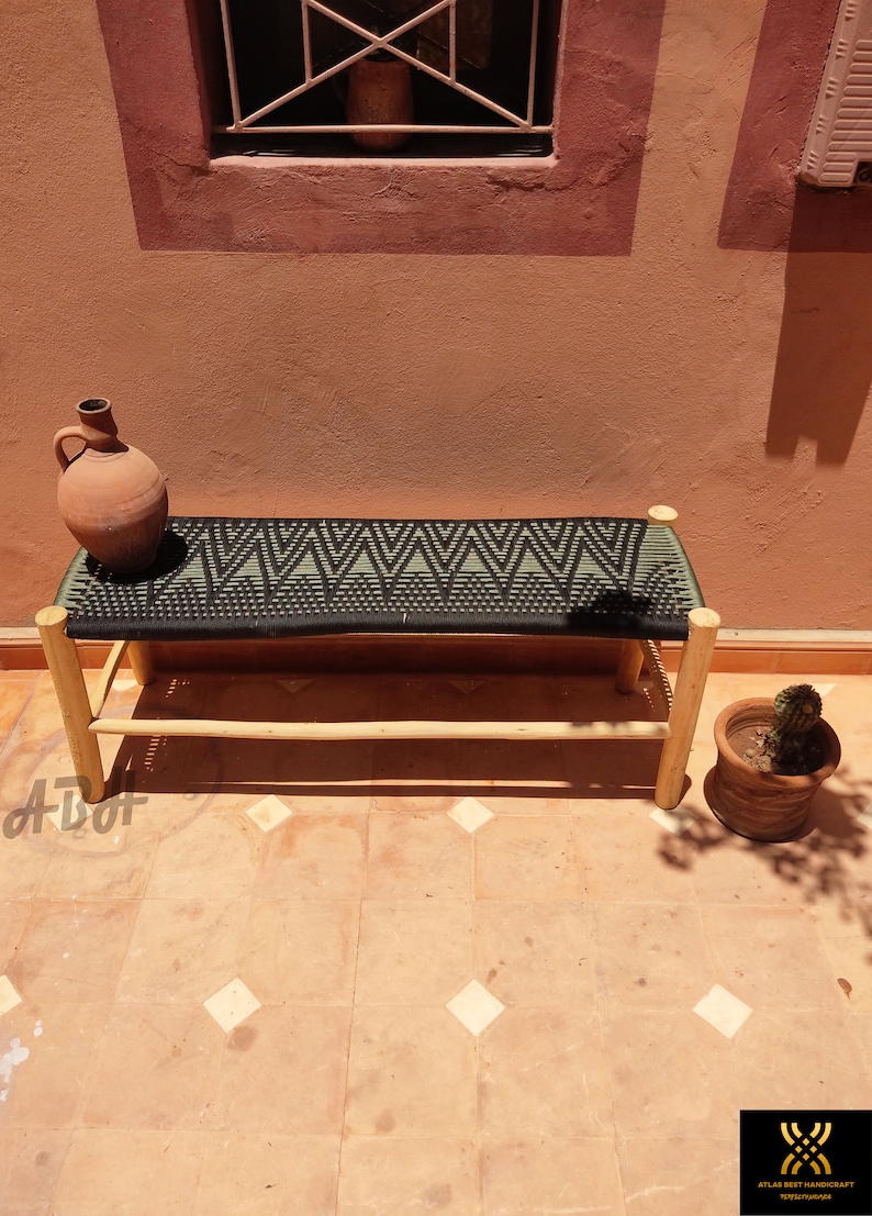 Moroccan Wooden Bench, Handmade Bench, Woven Bench Made of Macrame ...