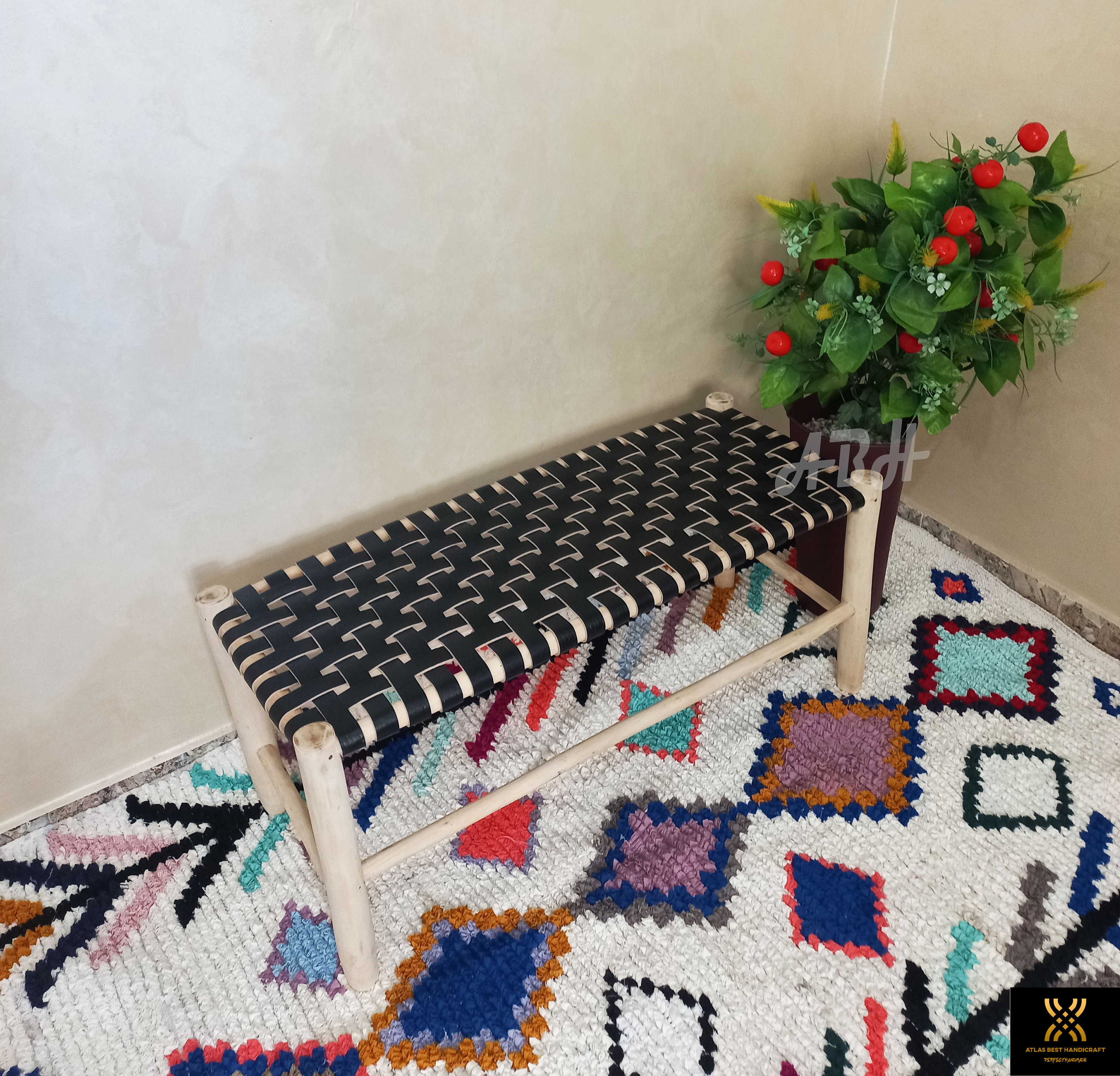 Moroccan Bench in Solid Wood in Natural Leather - Etsy