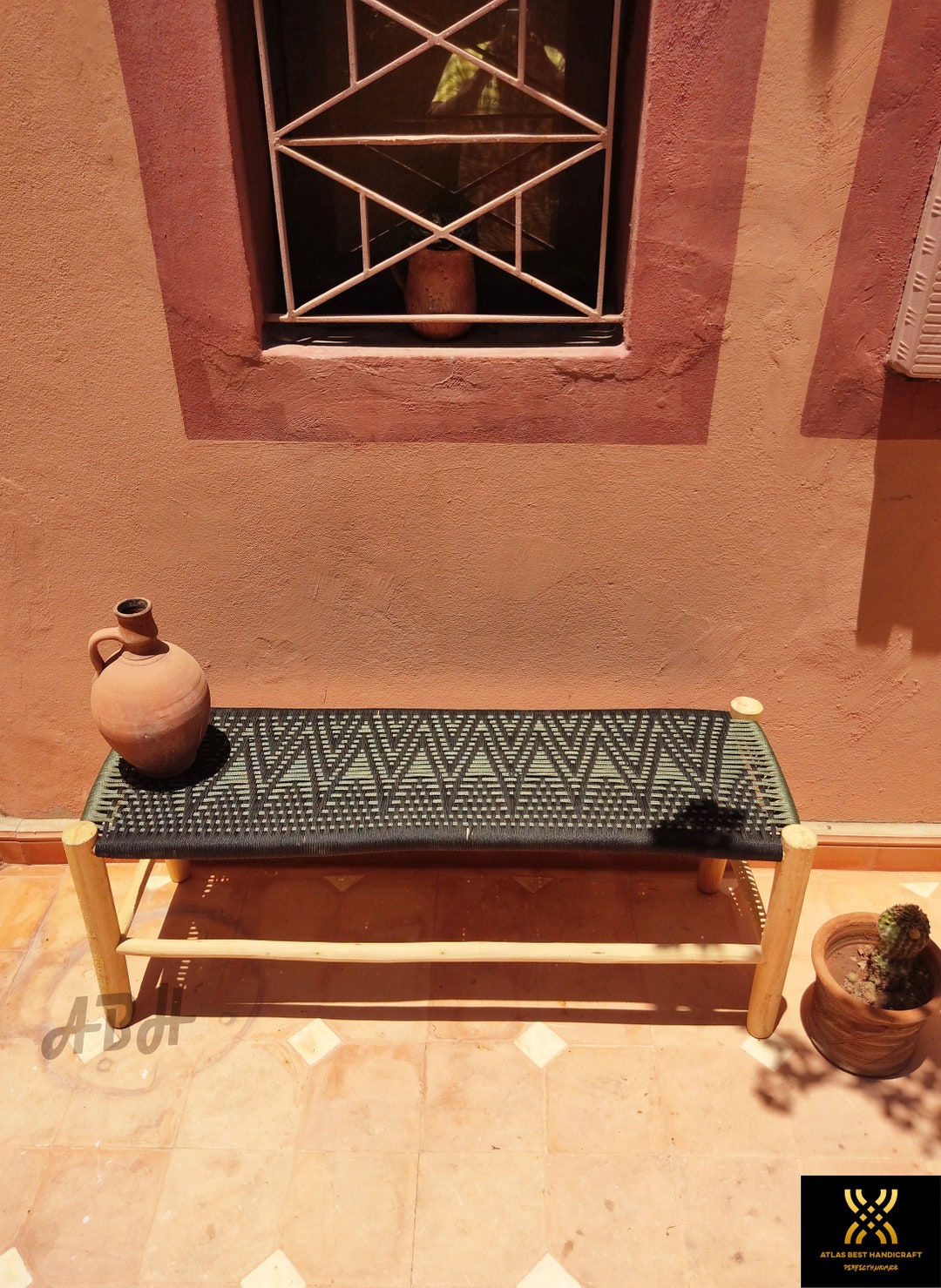 Moroccan Wooden Bench, Handmade Bench, Woven Bench Made of Macrame ...
