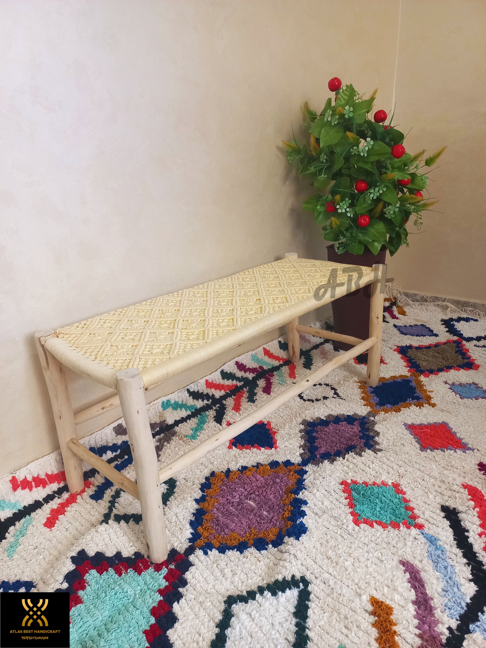Moroccan Wooden Bench, Handmade Bench, Woven Bench Made of Macrame ...