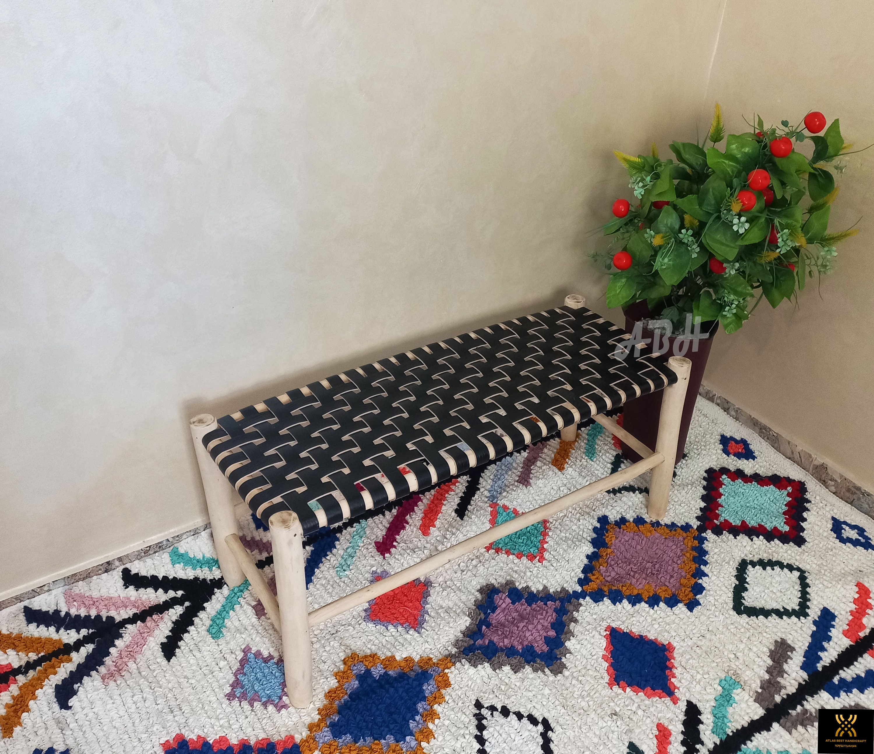 Moroccan Bench in Solid Wood in Natural Leather - Etsy