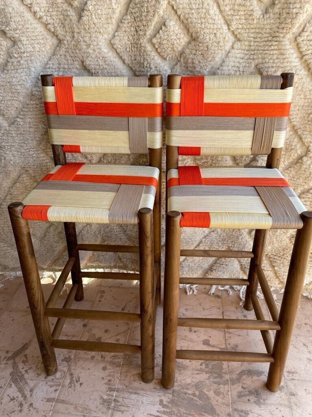 Moroccan Macrame Bar Stool, Handmade Wood Bar Stools, Bar Stool With ...