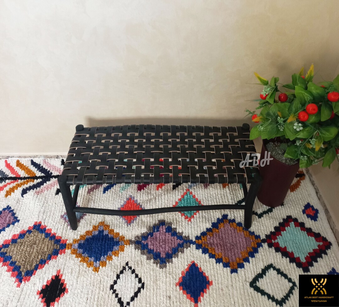 Moroccan Bench in Solid Wood in Natural Leather - Etsy
