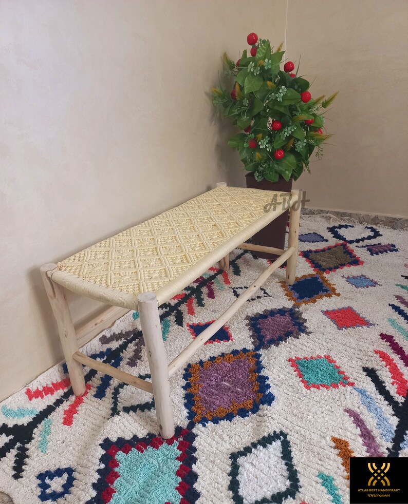 Moroccan Wooden Bench, Handmade Bench, Woven Bench Made of Macrame ...