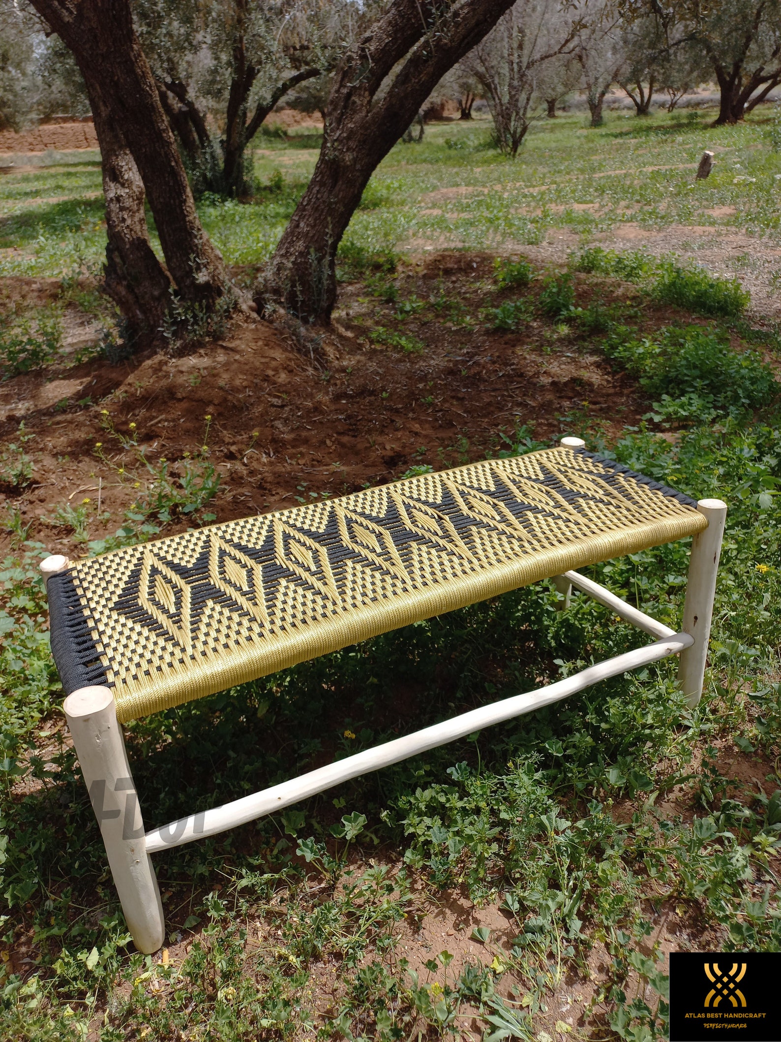 Moroccan Wooden Bench, Handmade Bench, Woven Bench Made of Macrame ...