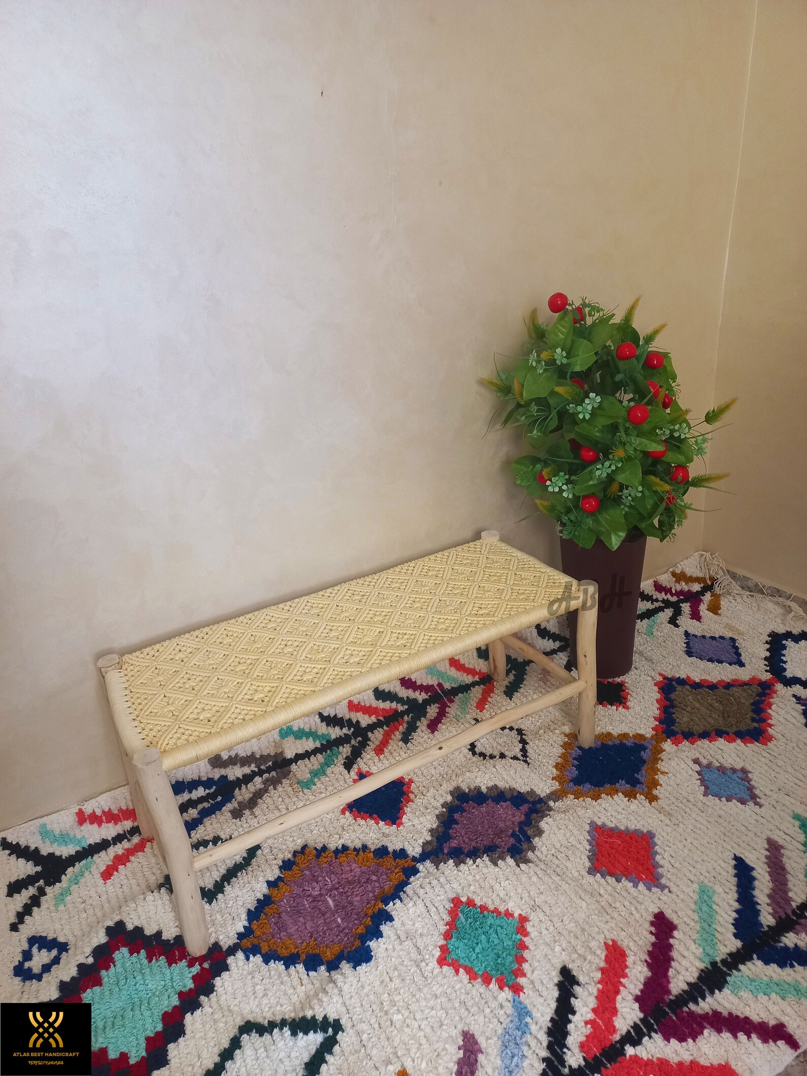 Moroccan Wooden Bench, Handmade Bench, Woven Bench Made of Macrame ...