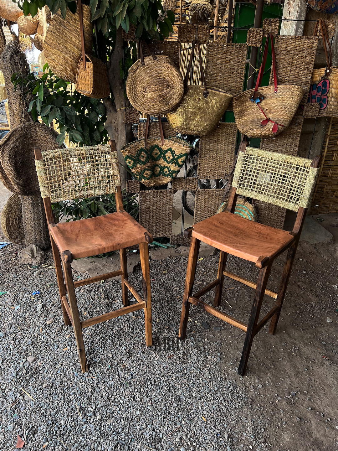 Moroccan Leather Bar Stool, Handmade Wood Bar Stools, Bar Stool With ...