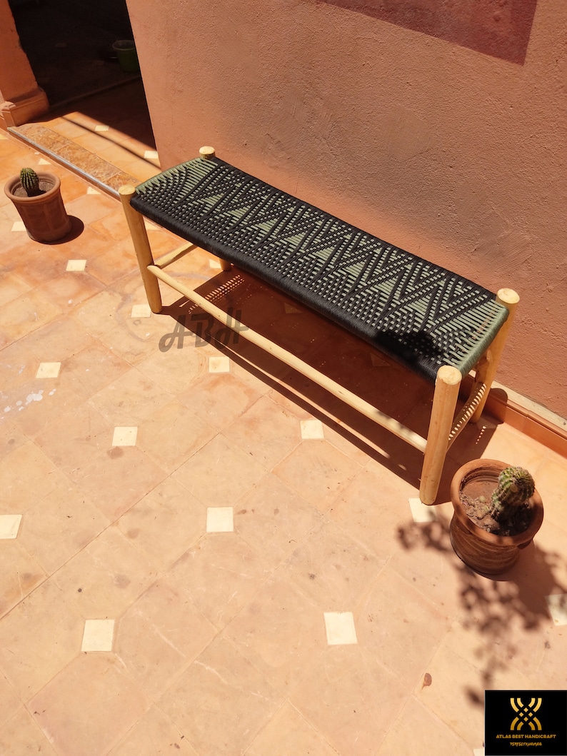 Moroccan Wooden Bench, Handmade Bench, Woven Bench Made of Macrame ...