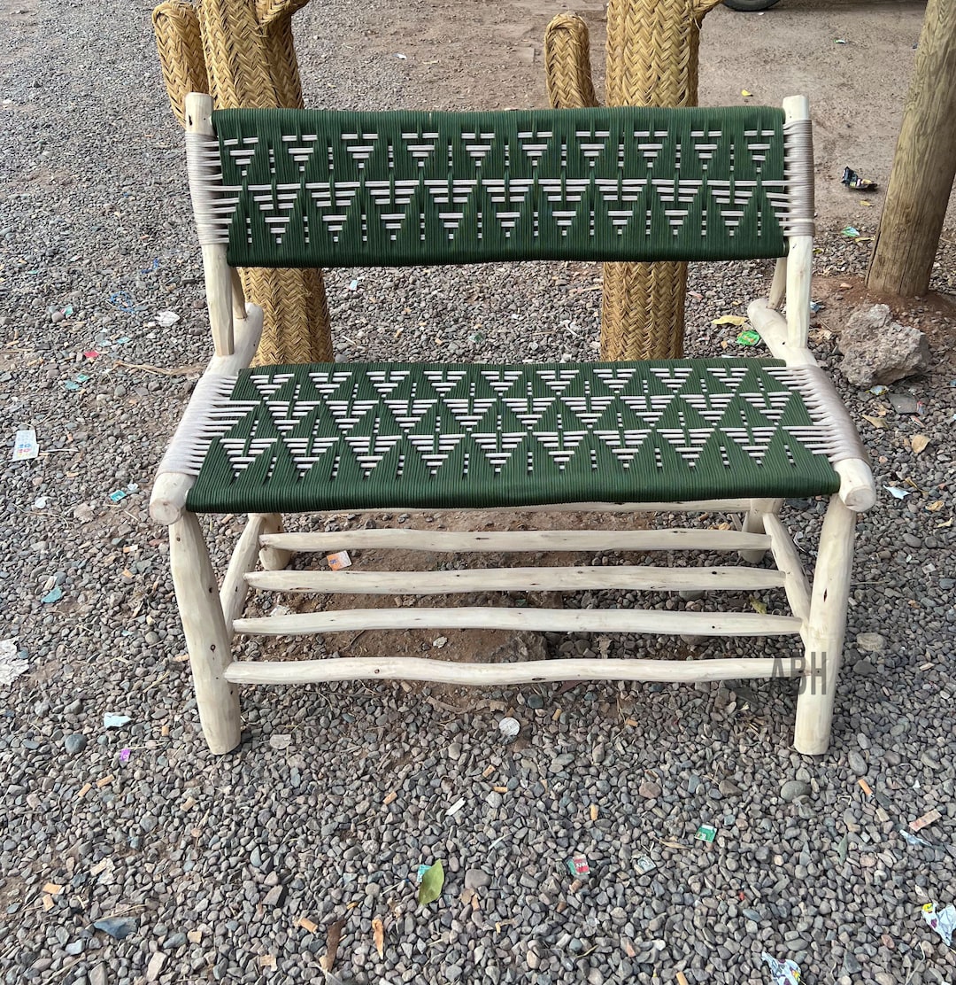 Moroccan Wooden Bench, Handmade Bench, Woven Bench Made of Macrame ...