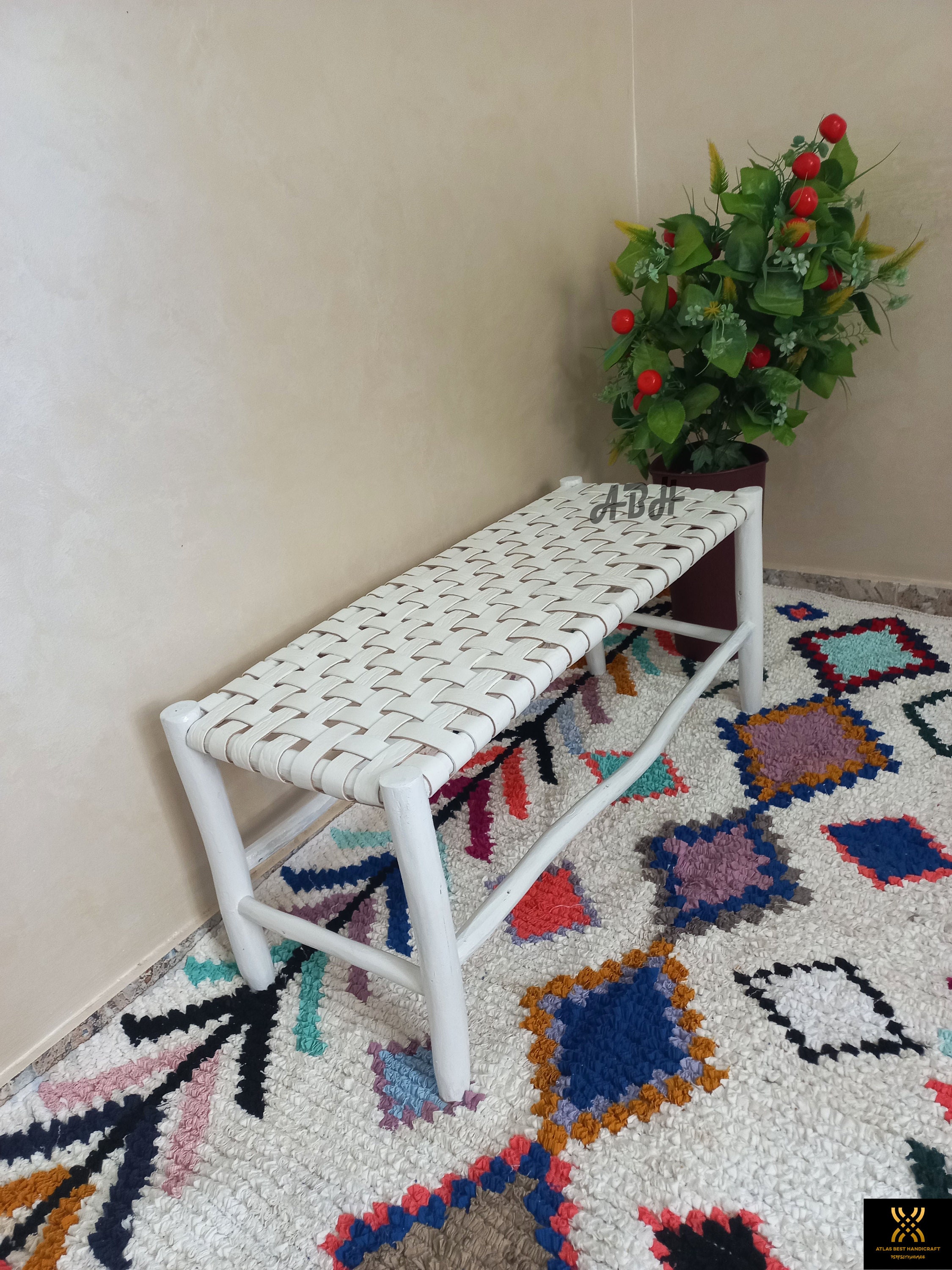 Moroccan Bench in Solid Wood in Natural Leather | Etsy
