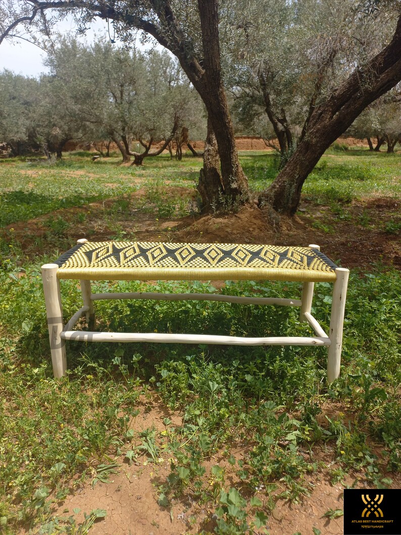 Moroccan Wooden Bench, Handmade Bench, Woven Bench Made of Macrame ...