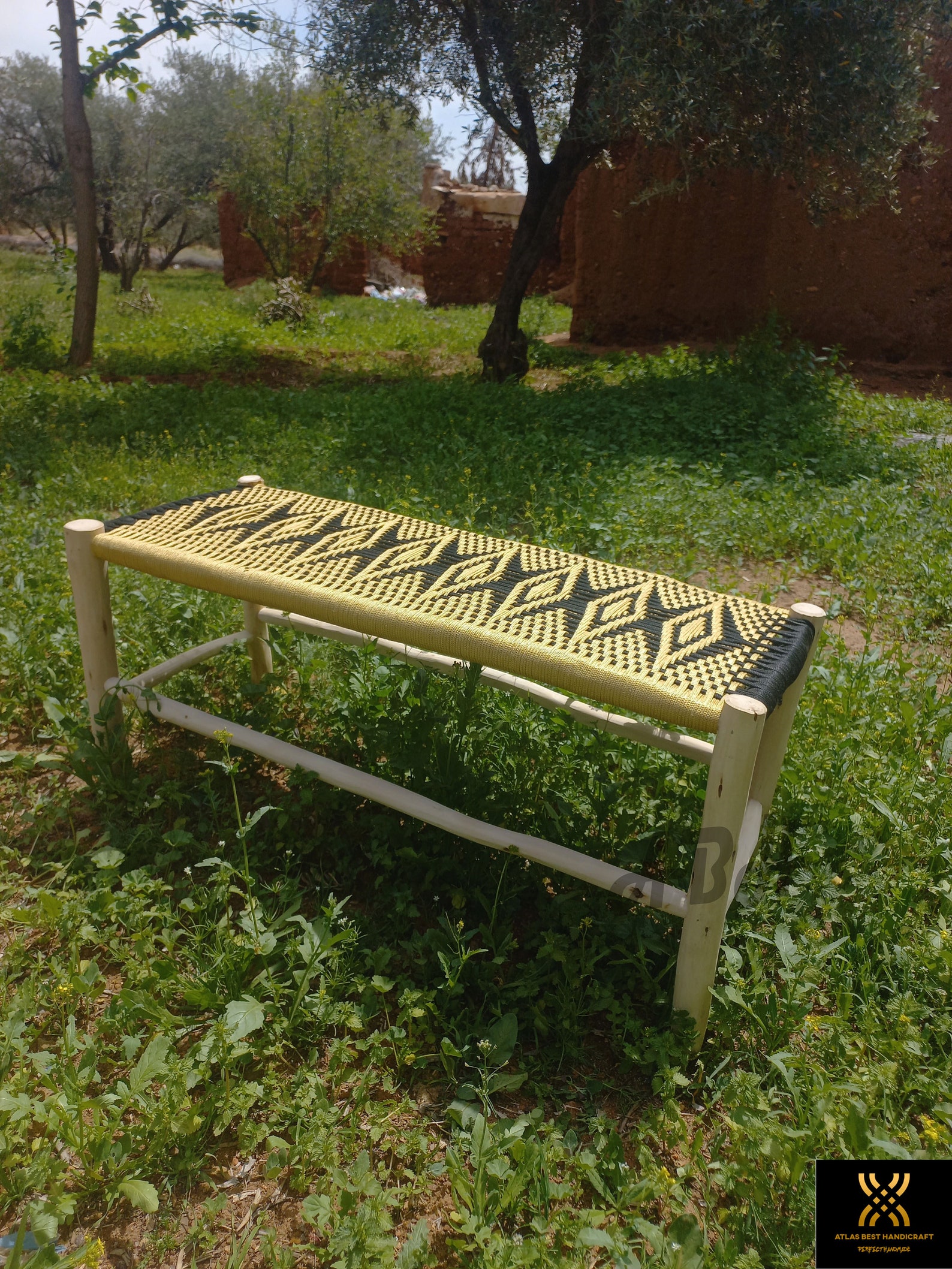 Moroccan Wooden Bench, Handmade Bench, Woven Bench Made of Macrame ...
