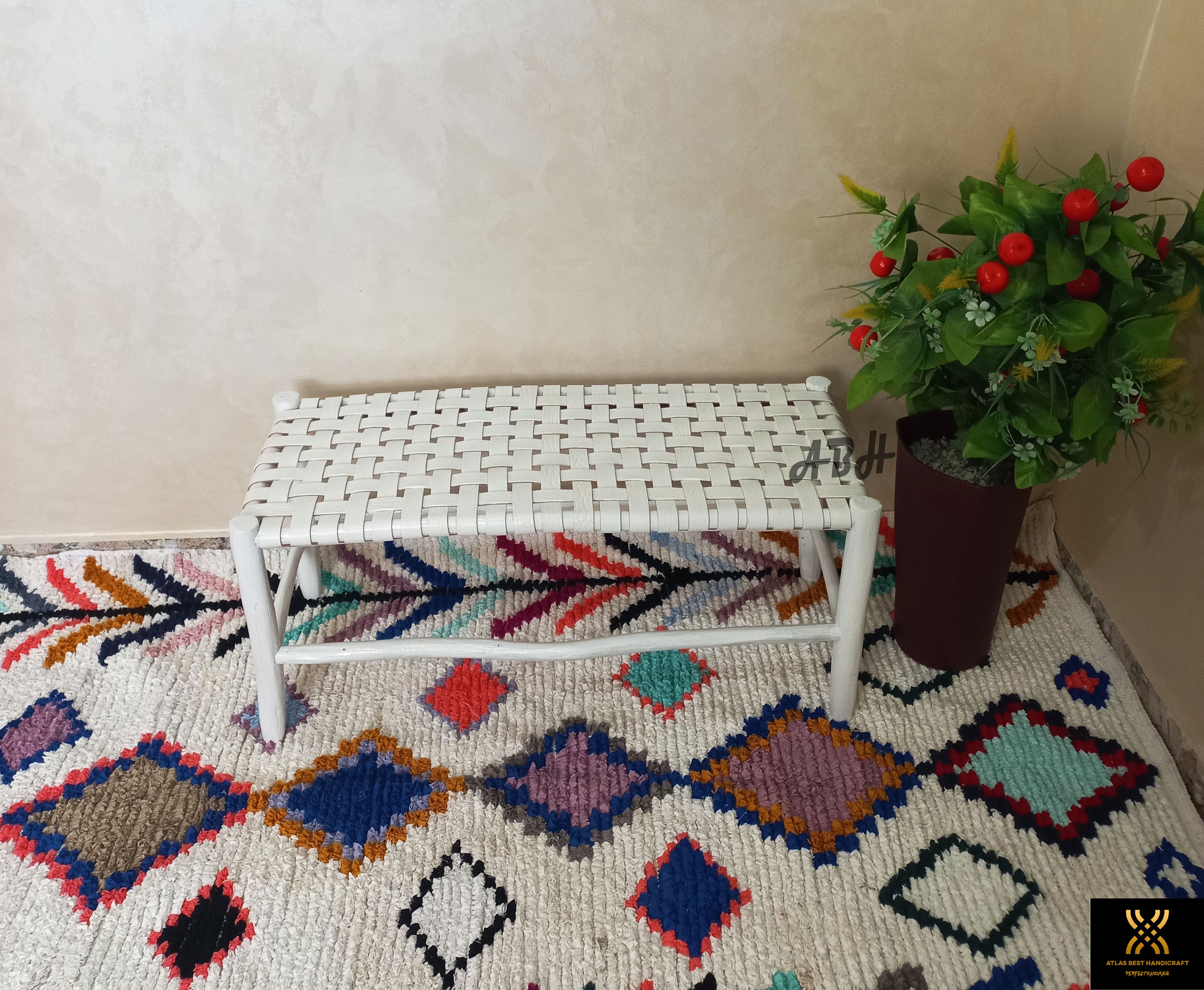 Moroccan Bench in Solid Wood in Natural Leather | Etsy