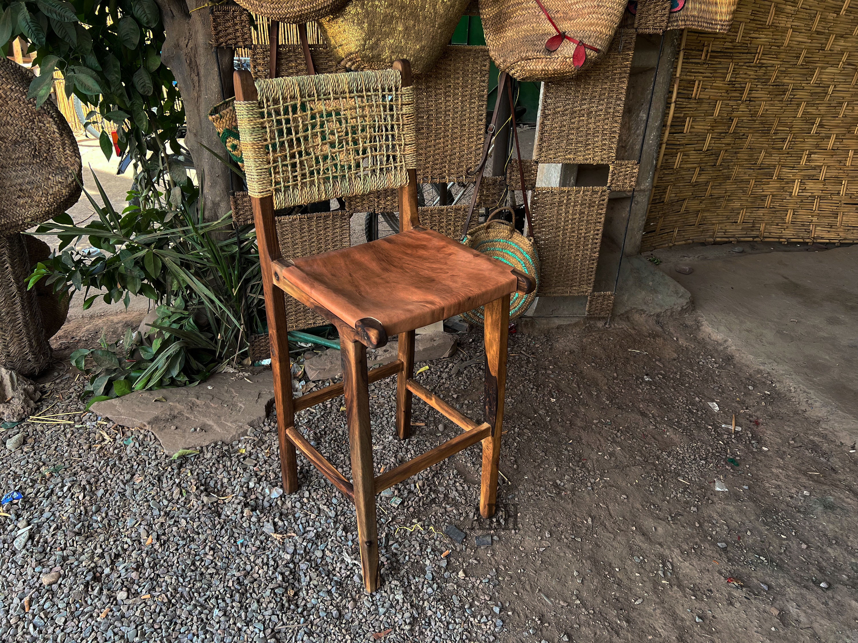 Moroccan Leather Bar Stool, Handmade Wood Bar Stools, Bar Stool With ...