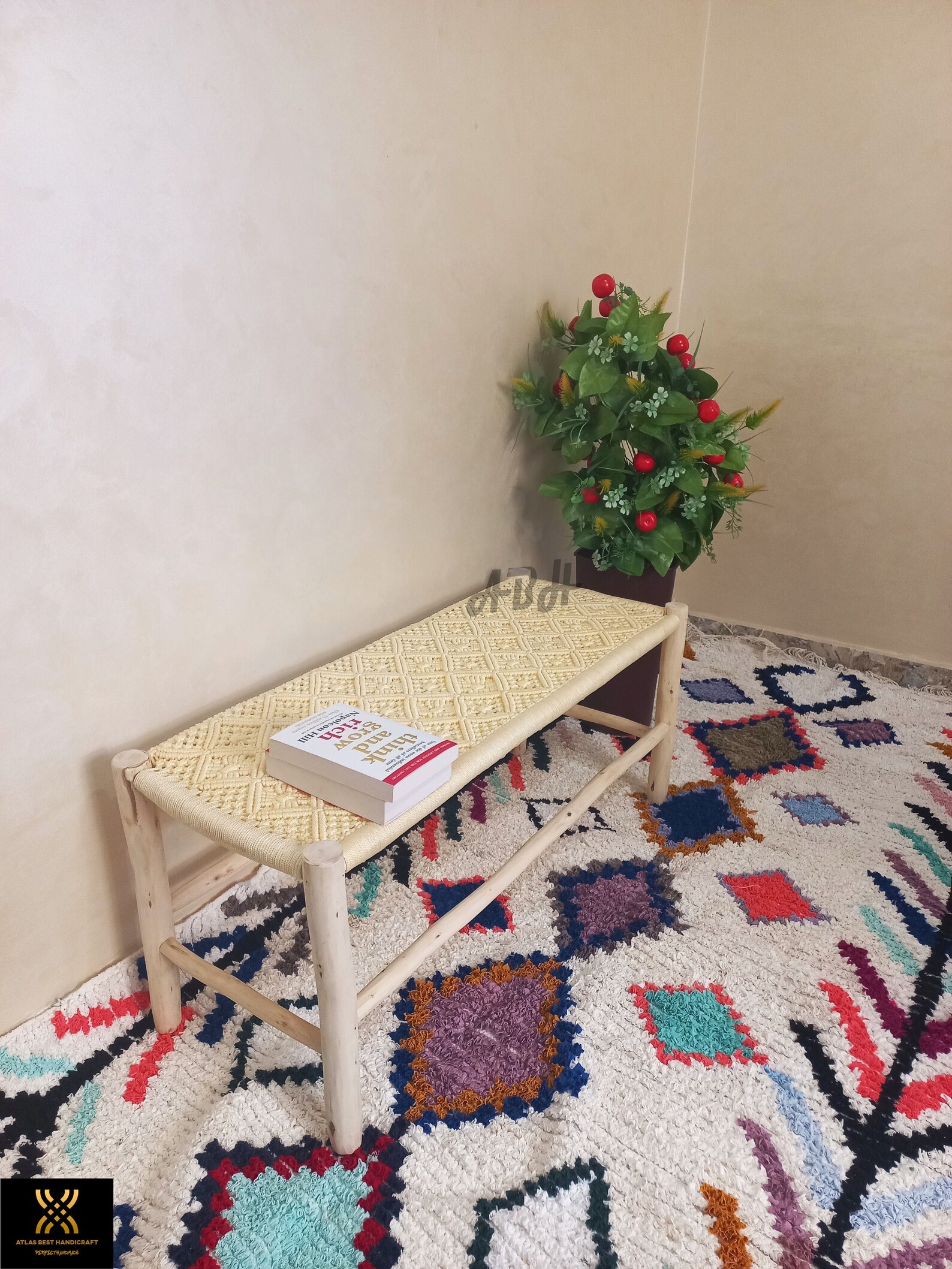 Moroccan Wooden Bench, Handmade Bench, Woven Bench Made of Macrame ...
