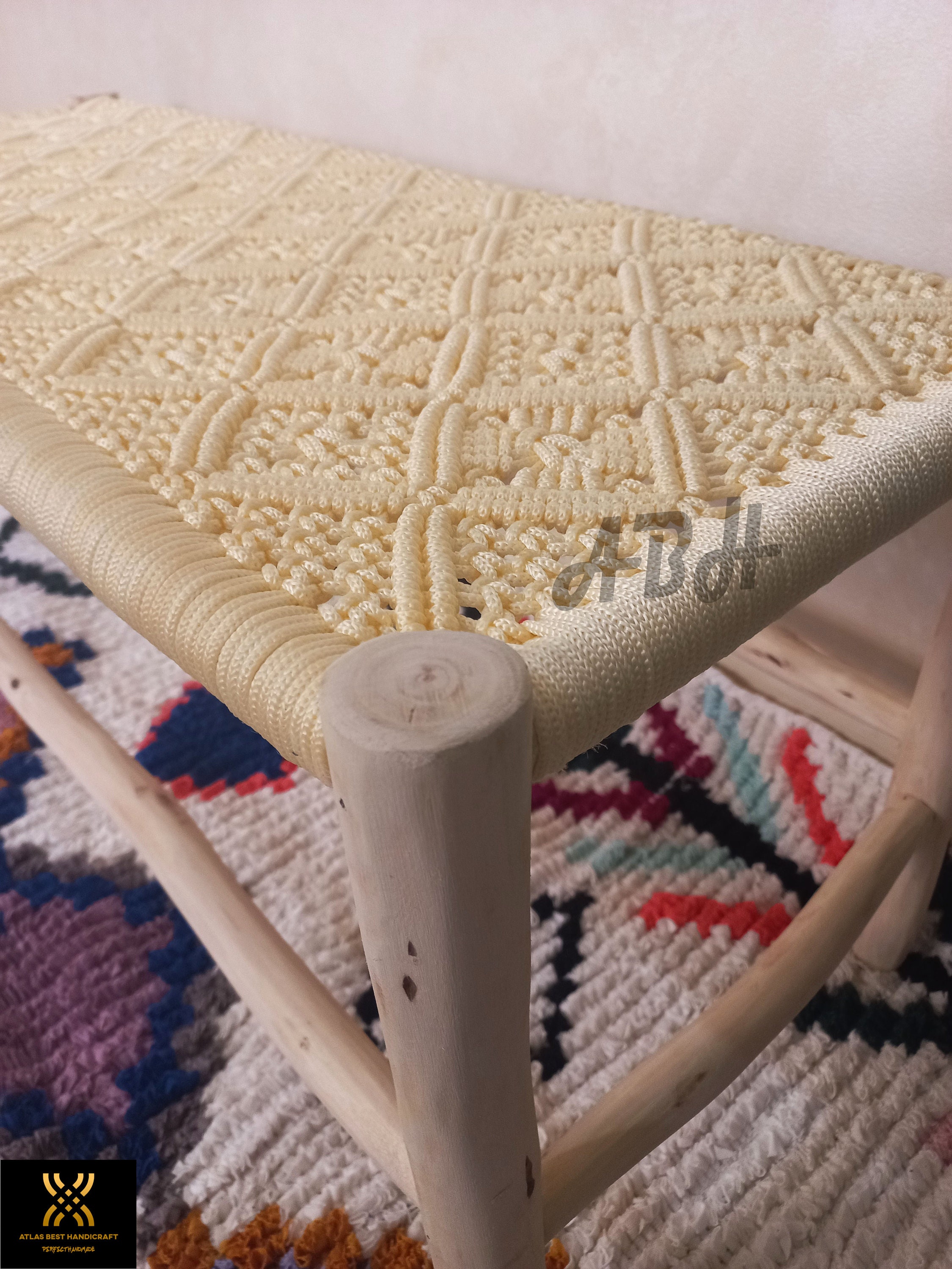 Moroccan Wooden Bench, Handmade Bench, Woven Bench Made of Macrame ...