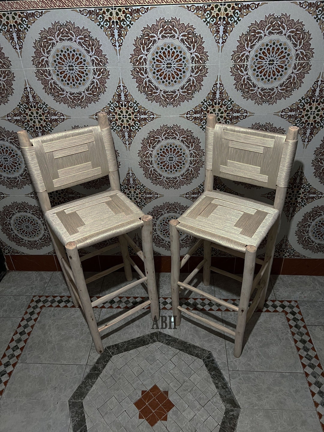 Moroccan Macrame Bar Stool, Handmade Wood Bar Stools, Bar Stool With ...