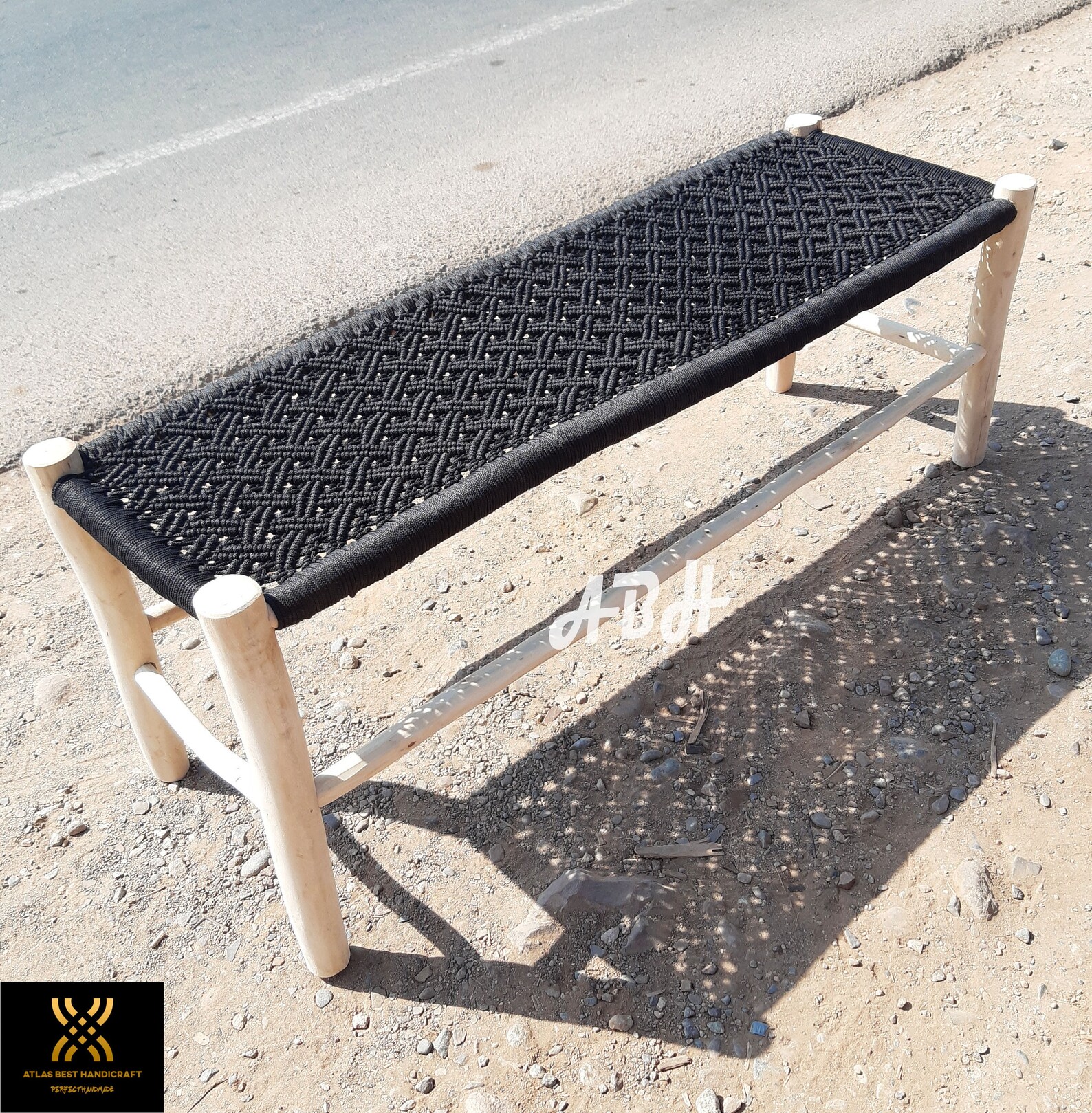 Moroccan Wooden Bench, Handmade Bench, Woven Bench Made of Macrame ...