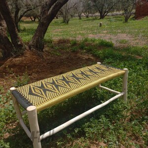 Moroccan Wooden Bench, Handmade Bench, Woven Bench Made of Macrame ...