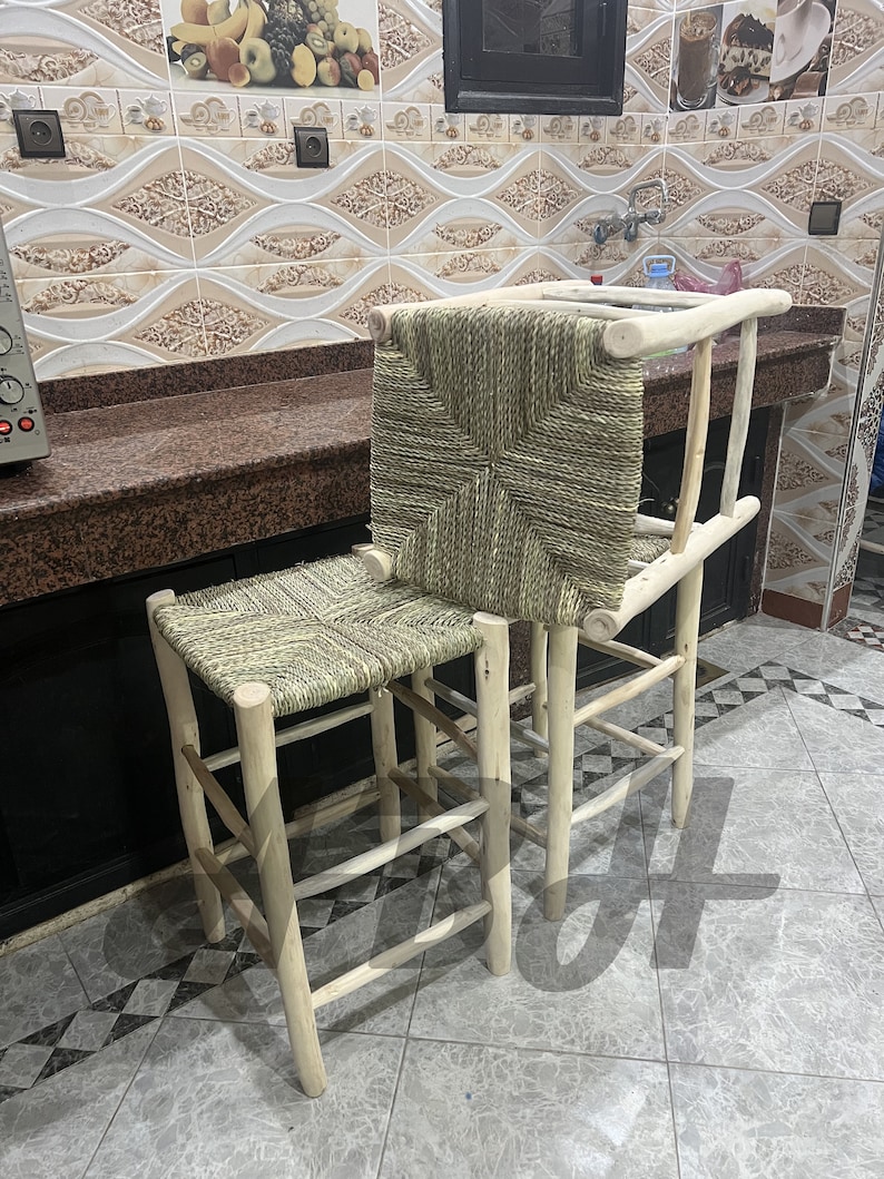 Moroccan Wooden Rattan Bar Stool - Etsy