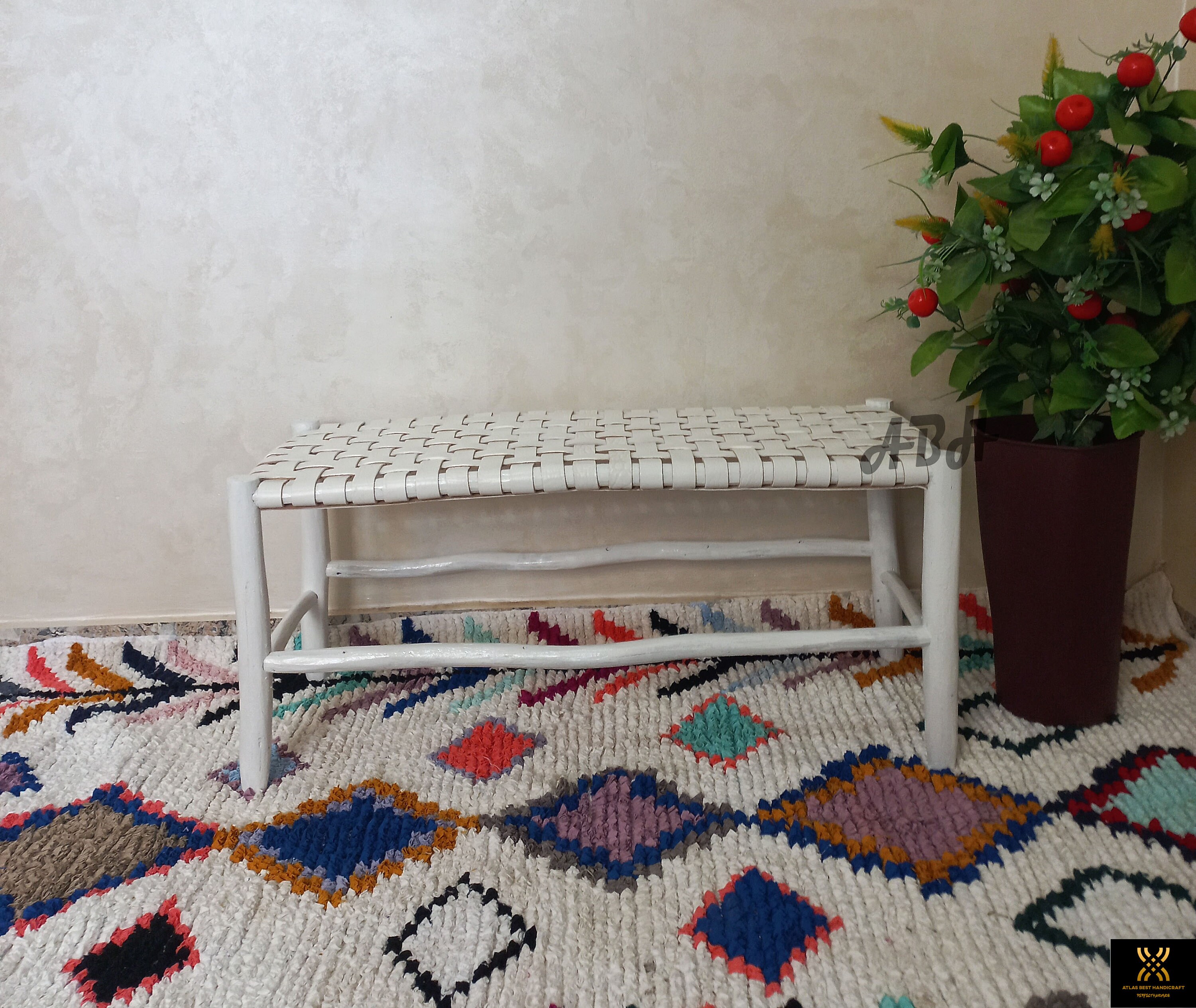 Moroccan Bench in Solid Wood in Natural Leather | Etsy