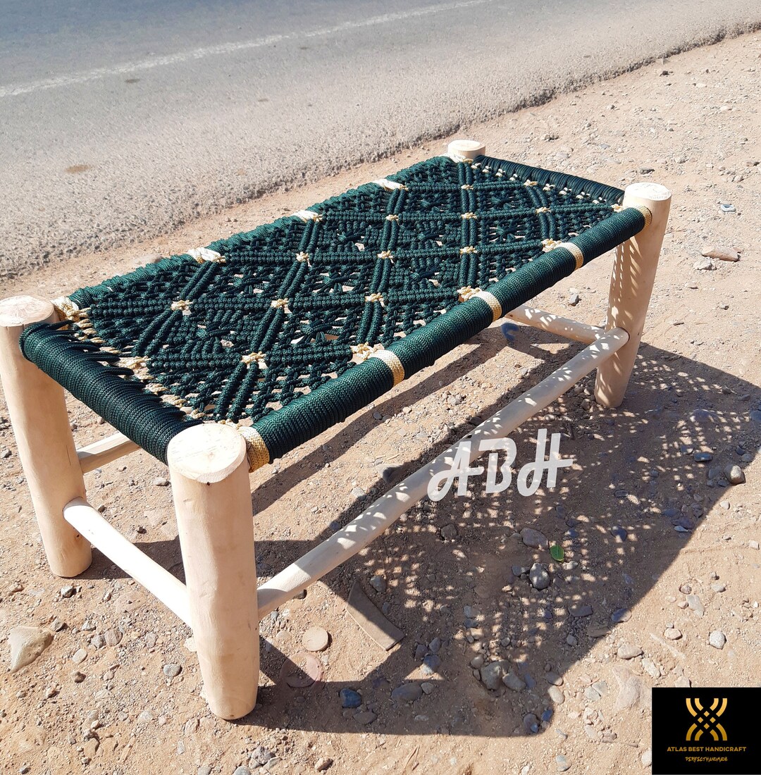 Moroccan Wooden Bench, Handmade Bench, Woven Bench Made of Macrame ...