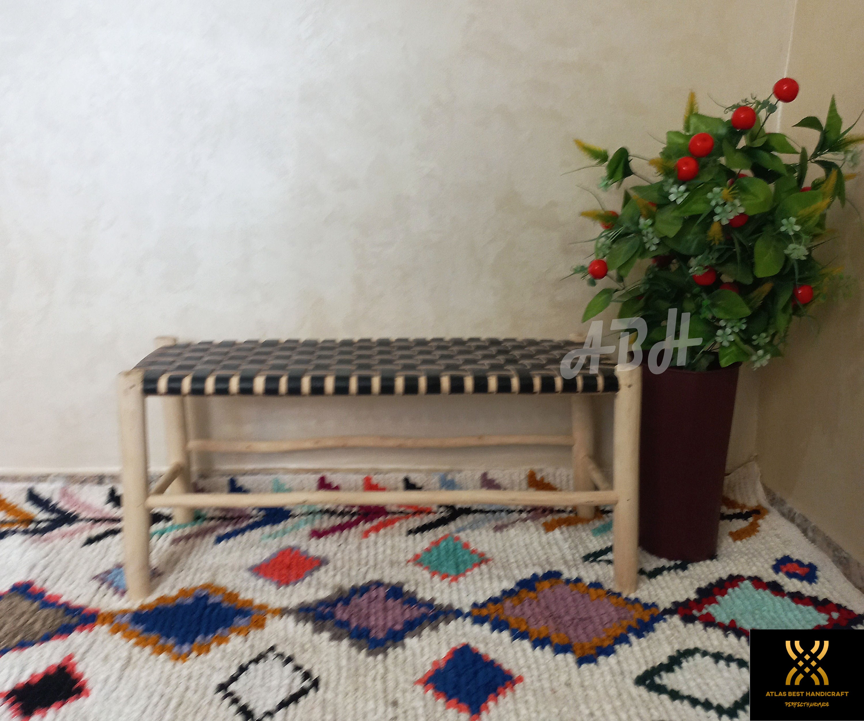 Moroccan Bench in Solid Wood in Natural Leather - Etsy