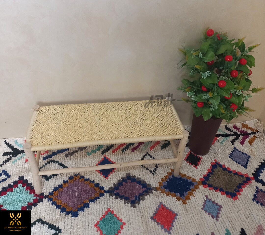 Moroccan Wooden Bench, Handmade Bench, Woven Bench Made of Macrame ...