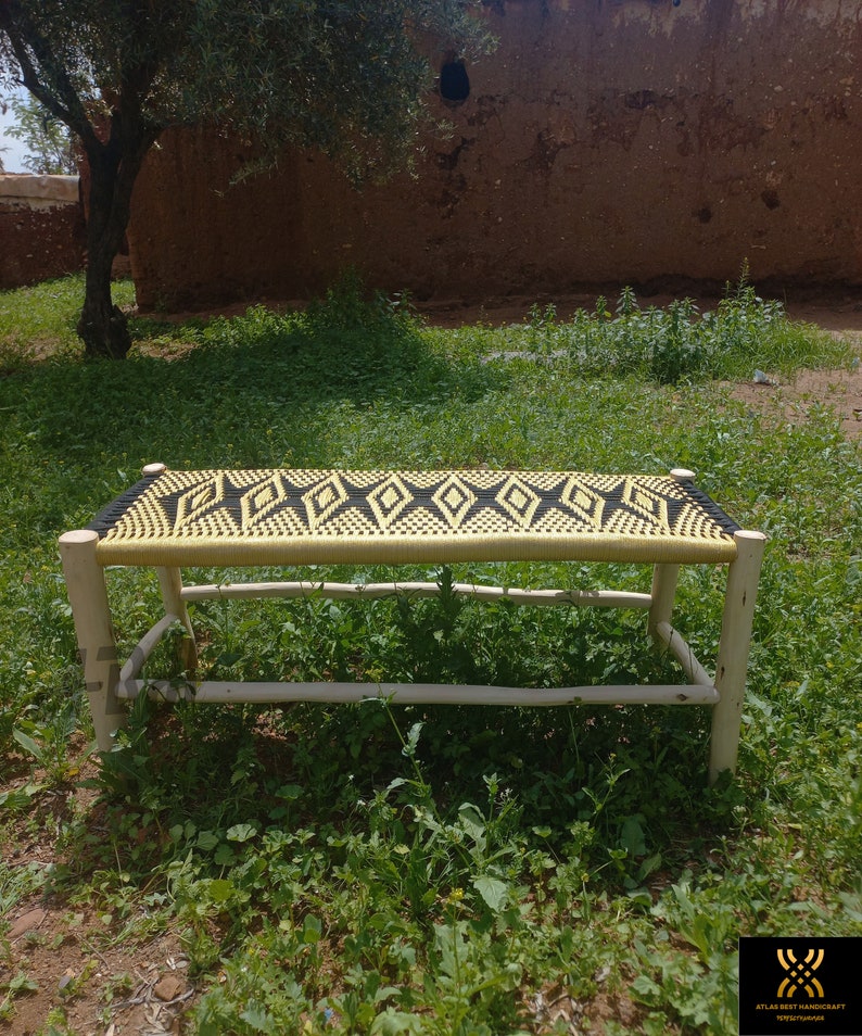 Moroccan Wooden Bench, Handmade Bench, Woven Bench Made of Macrame ...