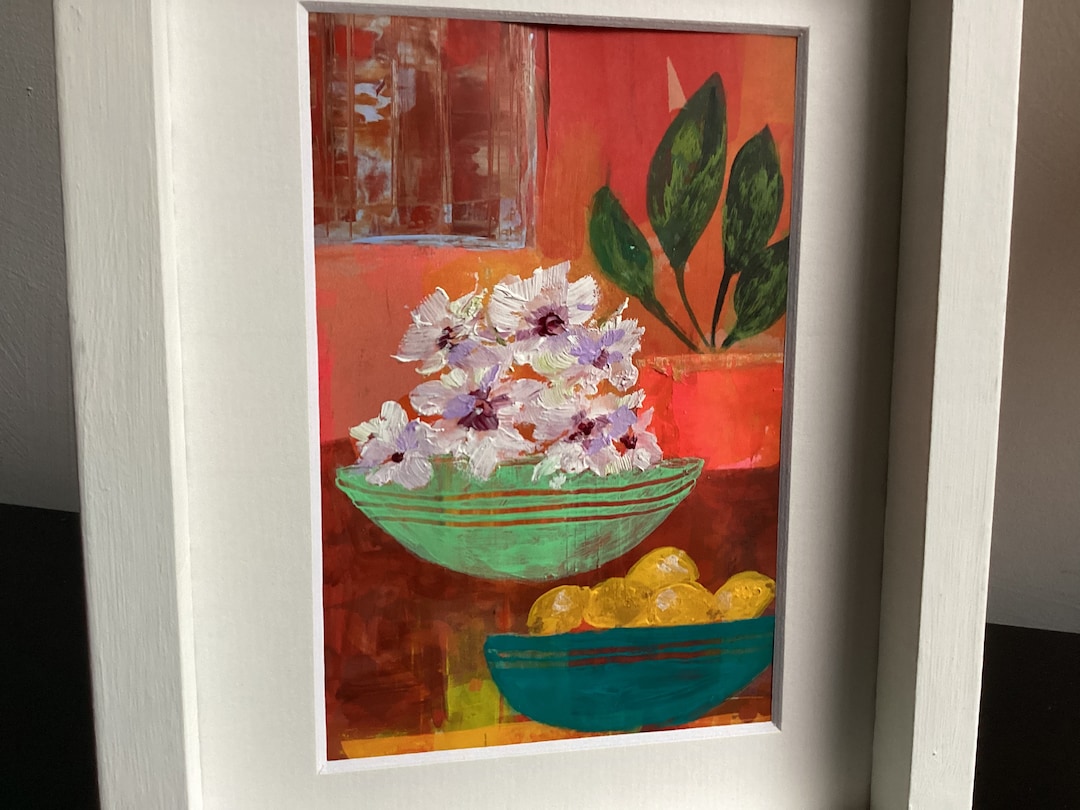 Hand Painted Semi Abstract Still Life. Flowers. Plant and Lemons in a ...