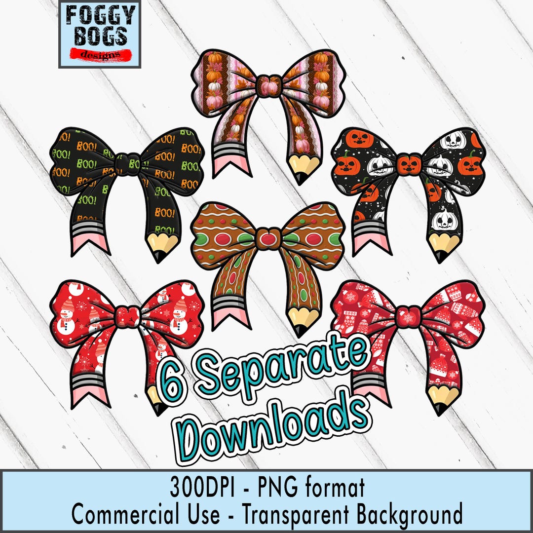 Teacher Pencil Bows PNG Bundle | Fall, Winter, Halloween Themes ...
