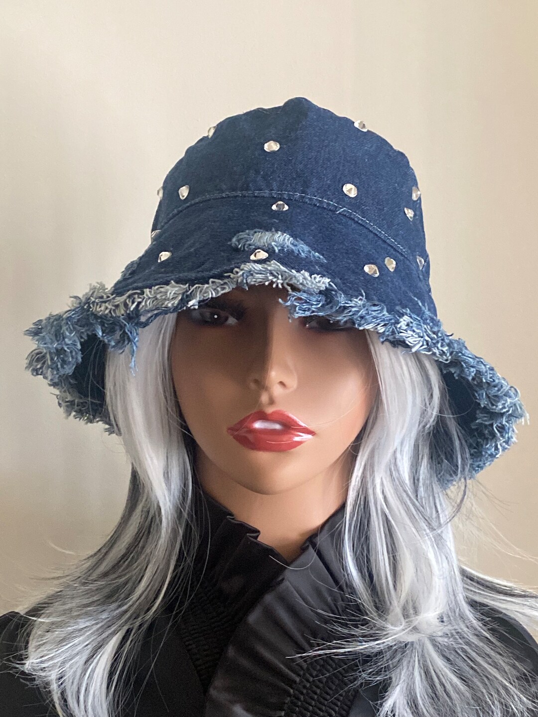 BLING Bucket Hat, Embellished Hat, Blue Distressed Rhinestone Hat, Blue ...