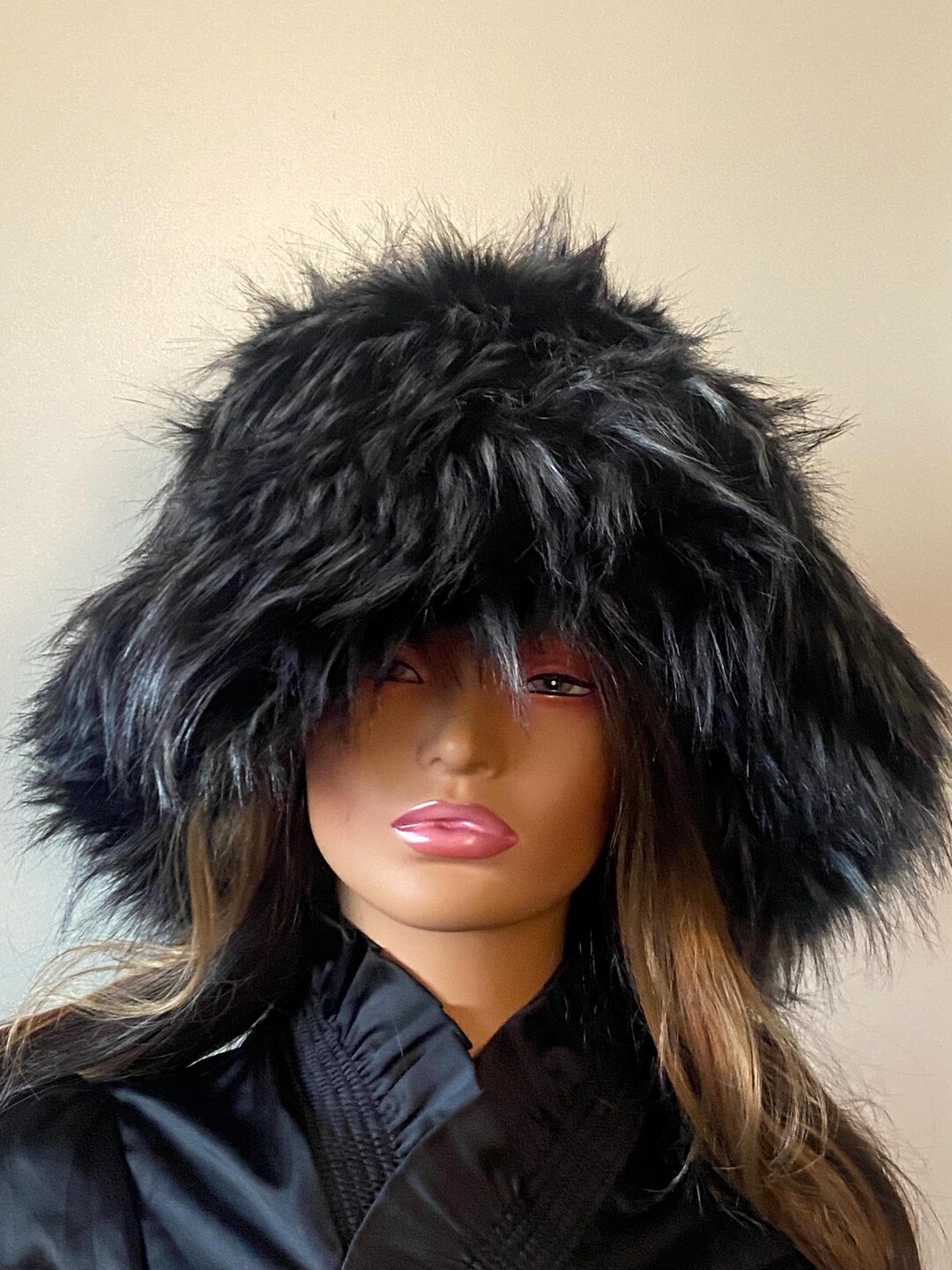 Black N White Wide Brim Faux Fur Hat, Oversized Fur Hat, Black Faux Fur ...